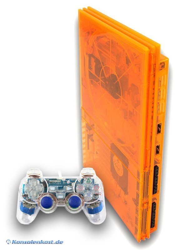 PS2 - Konsole Slim 1G #Custom Gehäuse orange-transparent + Controller ...