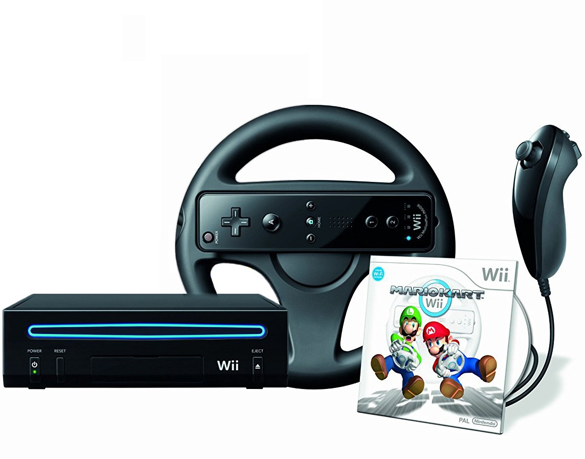 Wii - Konsole - Game Bundle #schwarz + Mario Kart + Original Remote Plus + Lenkrad (akzeptabel ...
